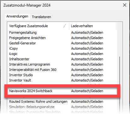 Anwendung von Navisworks Switchback